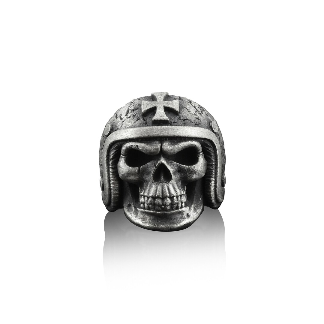 Skull Wearing Motorcycle Helmet Biker Ring for Men in Sterling Silver ...