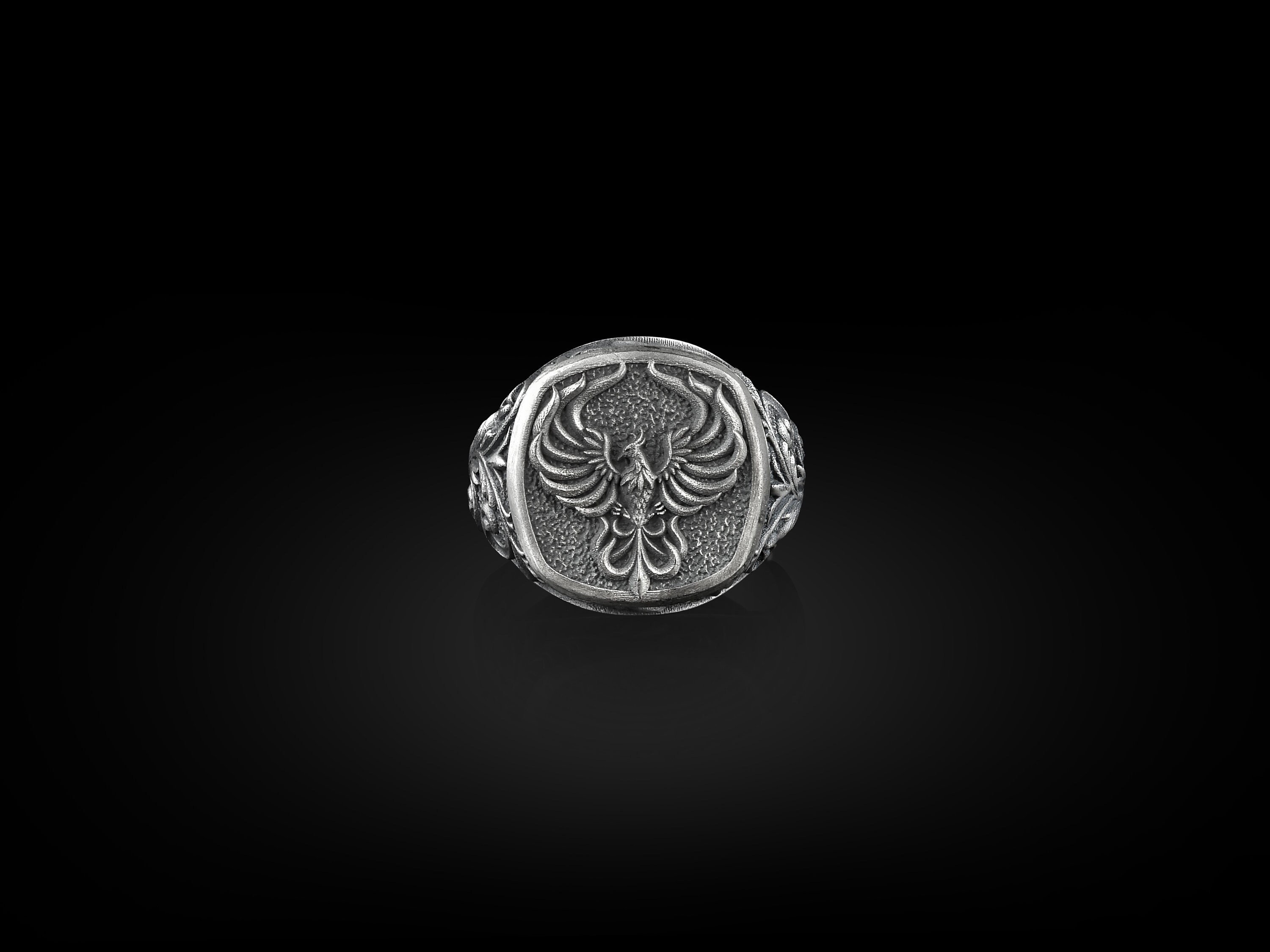 Immortal Phoenix Bird Signet Ring Sterling Silver Square - Etsy
