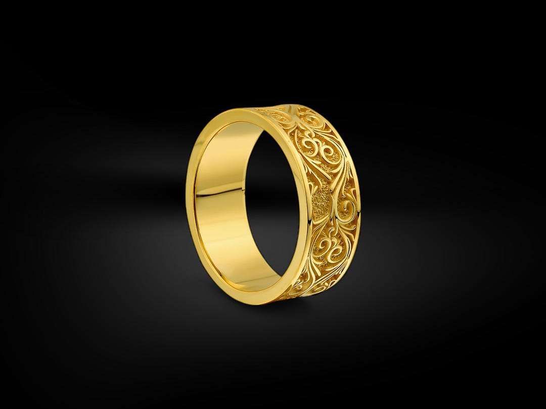Flying Leaves in Wind 14K Solid Gold Men Wedding Band, Unique Japanese ...