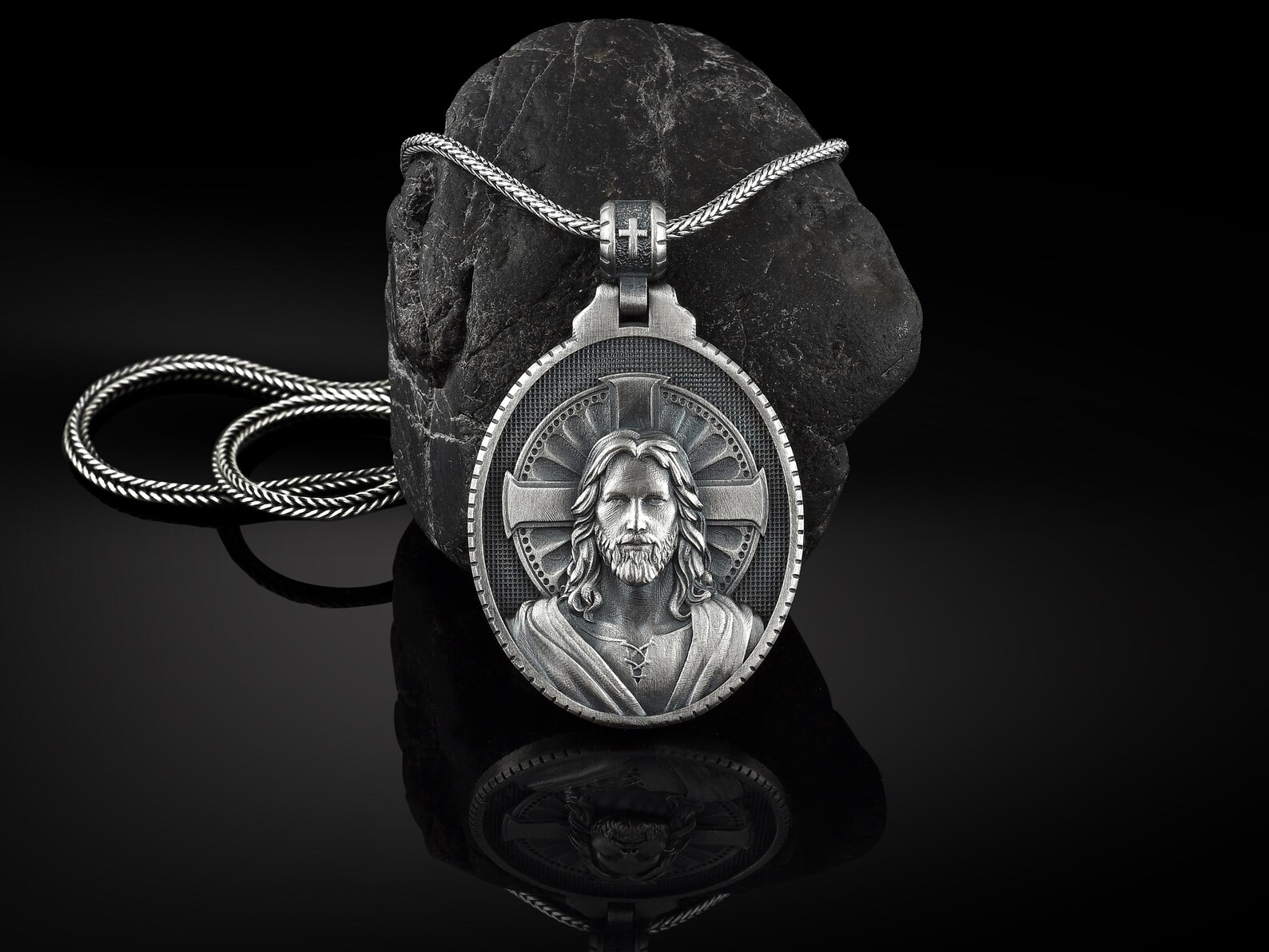 Silver Christian Jesus Mens Necklace, Christ Jesus Pendant, Religious ...