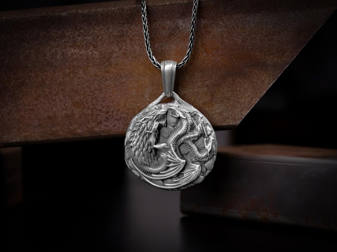 Sterling Silver Fighting Dragon With Wolf Necklace Pendant, GOT Stark ...
