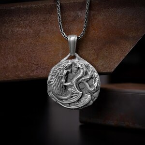 Sterling Silver Fighting Dragon With Wolf Necklace Pendant, GOT Stark ...