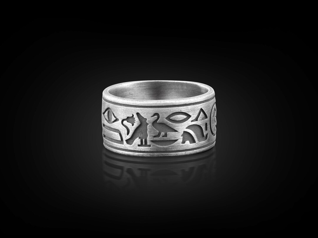 Ancient Egyptian Mythology Ring for Men in Silver, Hieroglyphics Band ...