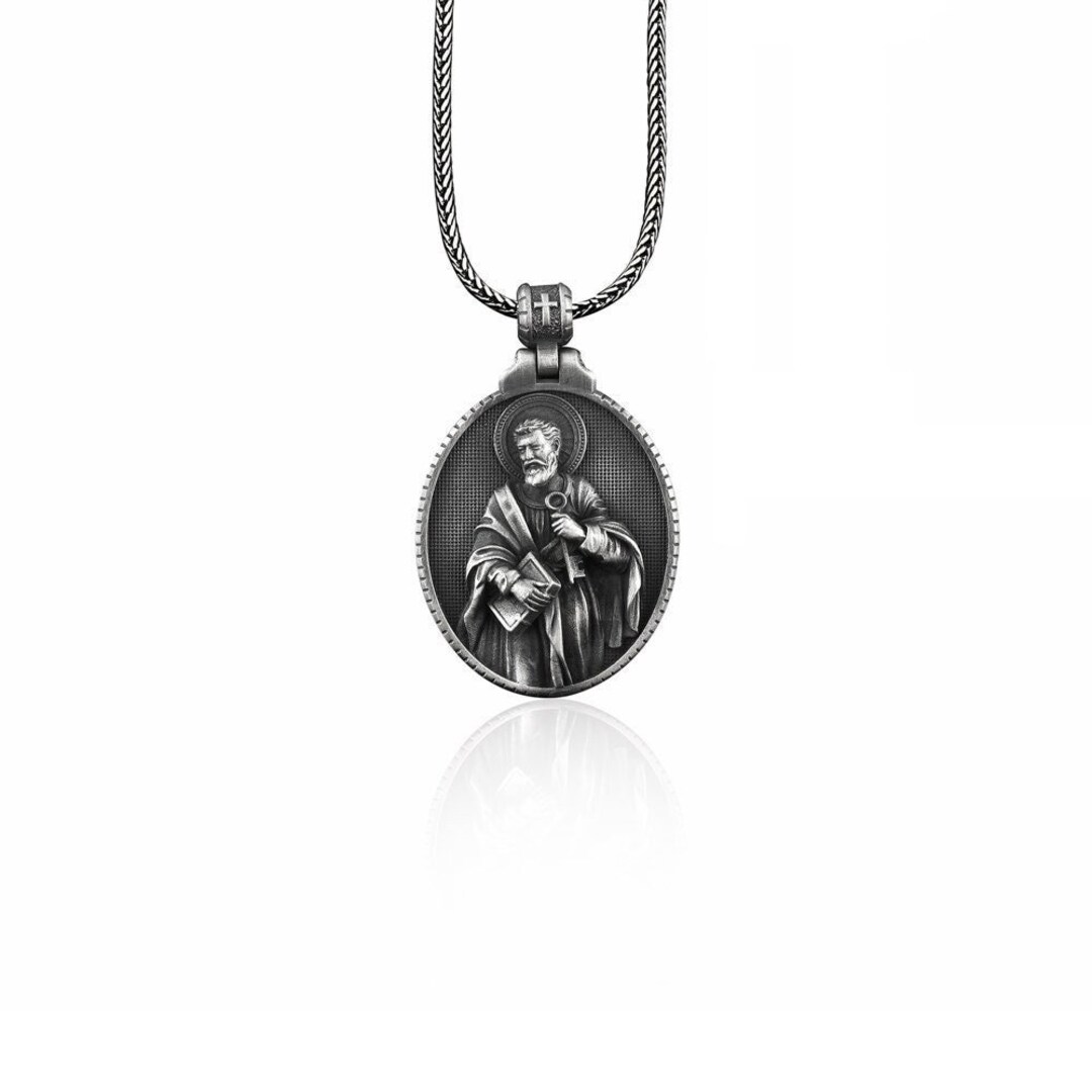 Silver Saint Peter Mens Necklace Saint Peter Oval Pendant - Etsy