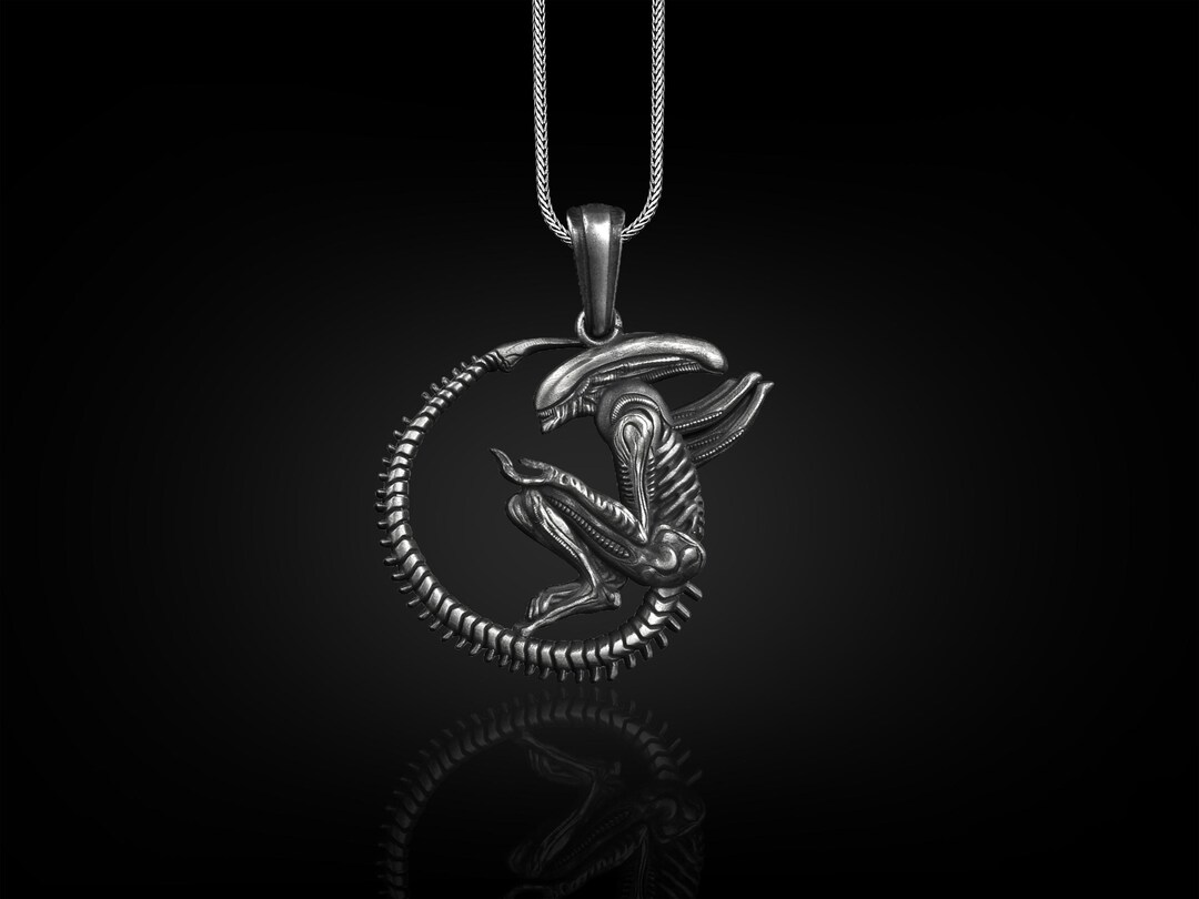 Alien Scifi Mens Necklace in Silver, Oxidized Cyberpunk Necklace for ...