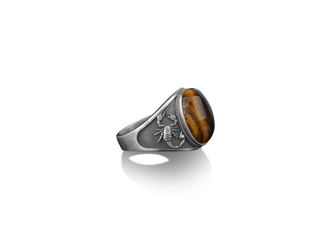 Scorpion Silver Signet Mens Ring Tiger's Eye Gemstone - Etsy