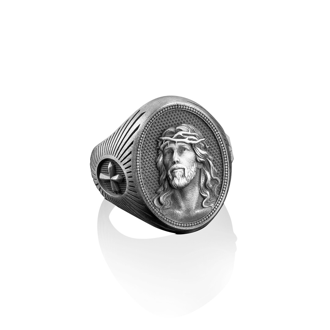 Savior Christ Jesus Sterling Silver Signet Ring for Mens, Religious ...