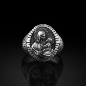 Mary With Child Mens Signet Ring for Men in Sterling Silver, Holy ...