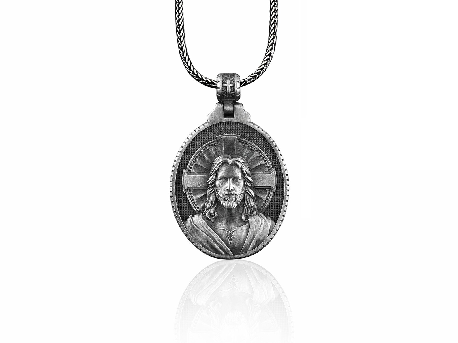 Silver Christian Jesus Mens Necklace, Christ Jesus Pendant, Religious ...
