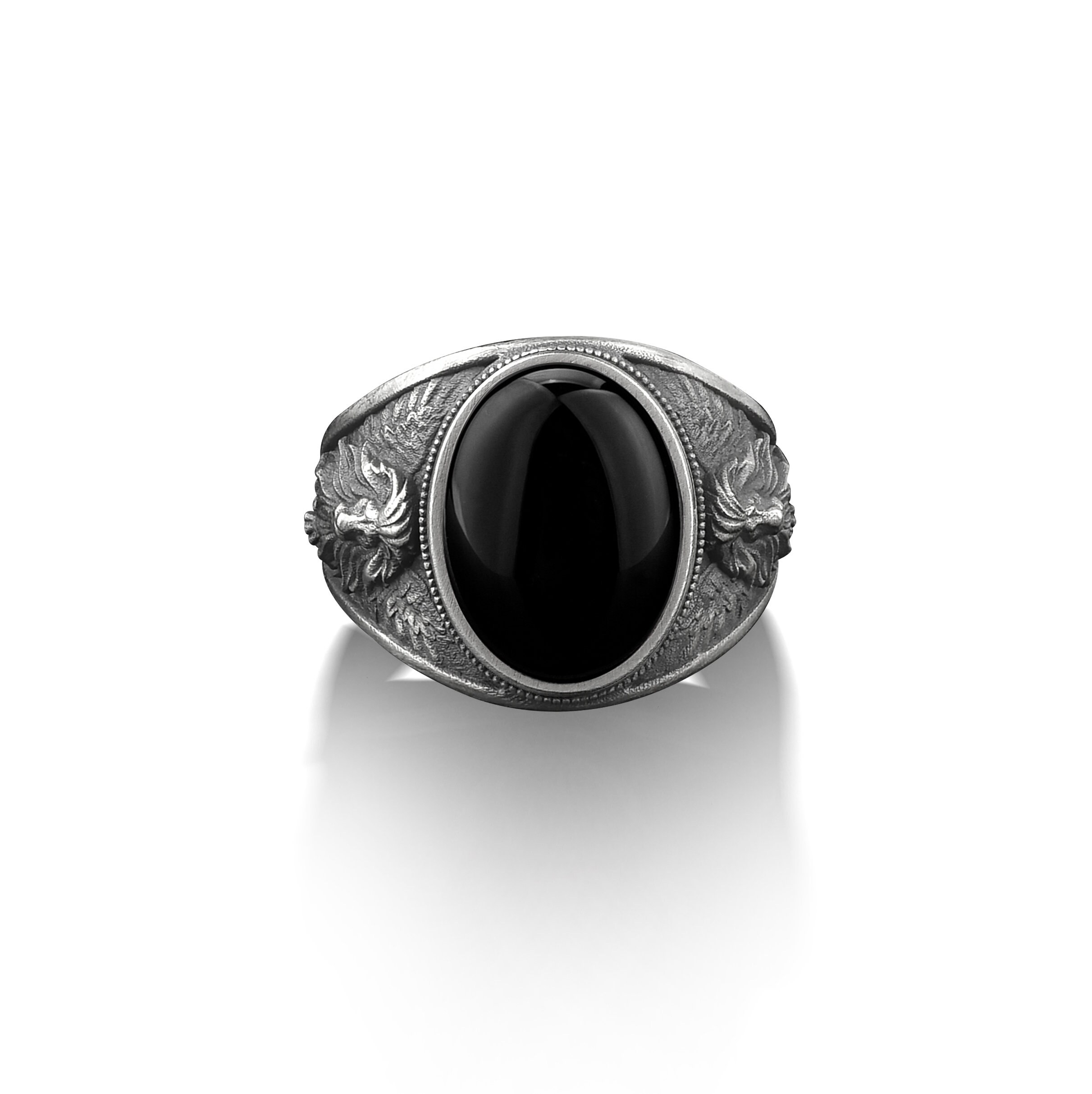 Winged Lion With Onyx Gemstone Ring for Men in Sterling Silver, Zodiac ...