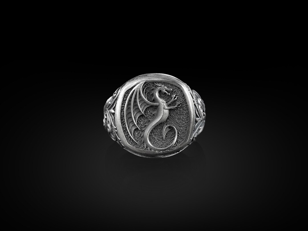 Winged Dragon, Sterling Silver Square Signet Ring, Mythical Creature ...
