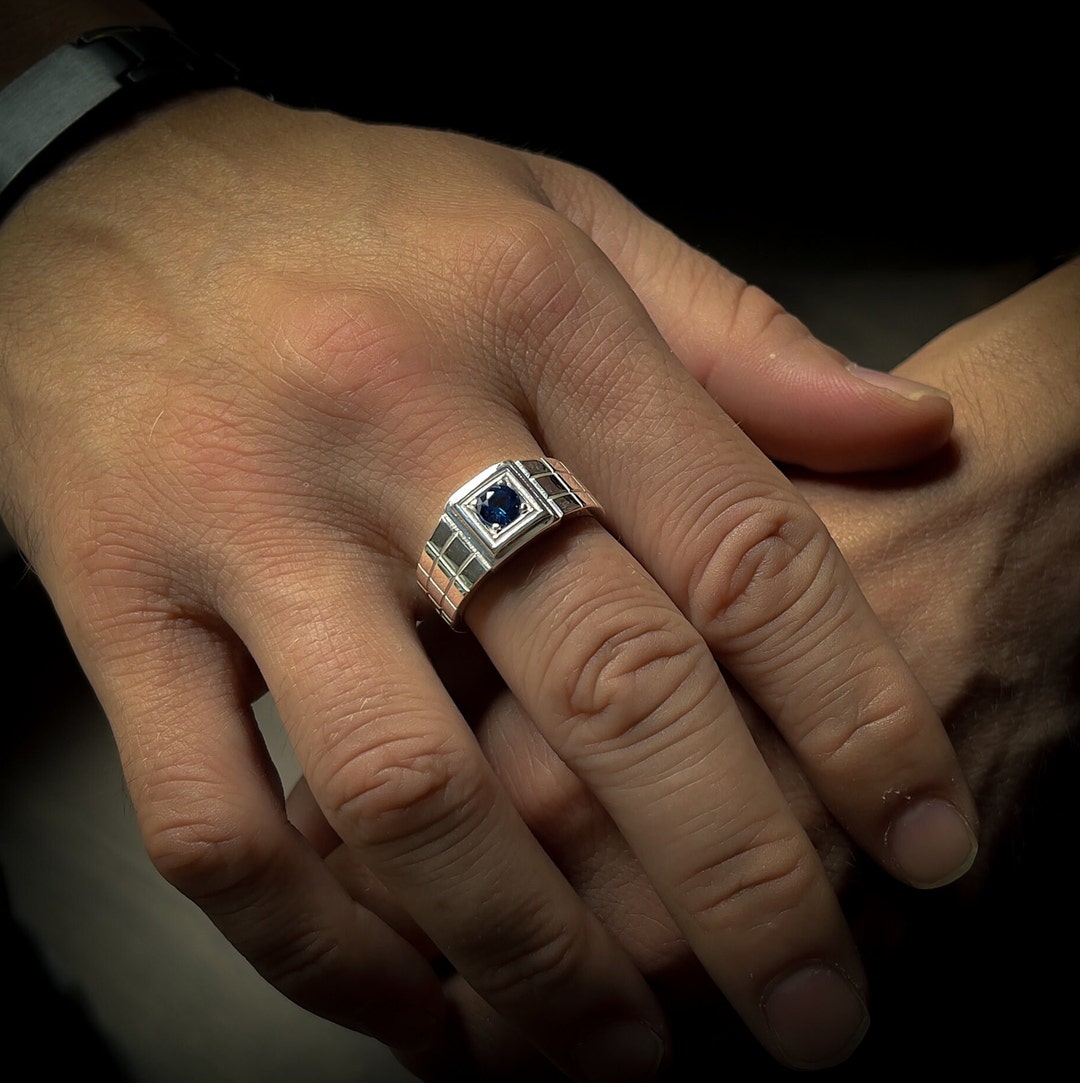 Blue Sapphire Stone Mens Solitaire Silver Ring for Men, Sterling Silver ...