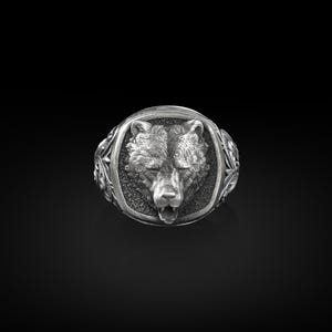 Grizzly Bear Signet Ring for Men in Sterling Silver, Viking Bear Ring ...