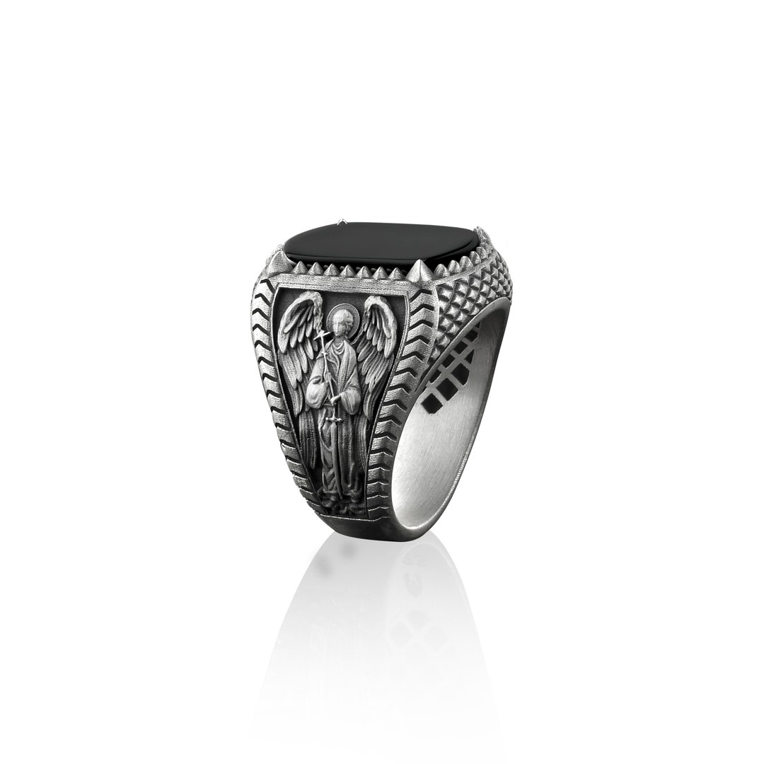 Archangel Raphael Black Onyx Men Ring in Silver, St Raphael Engraved ...