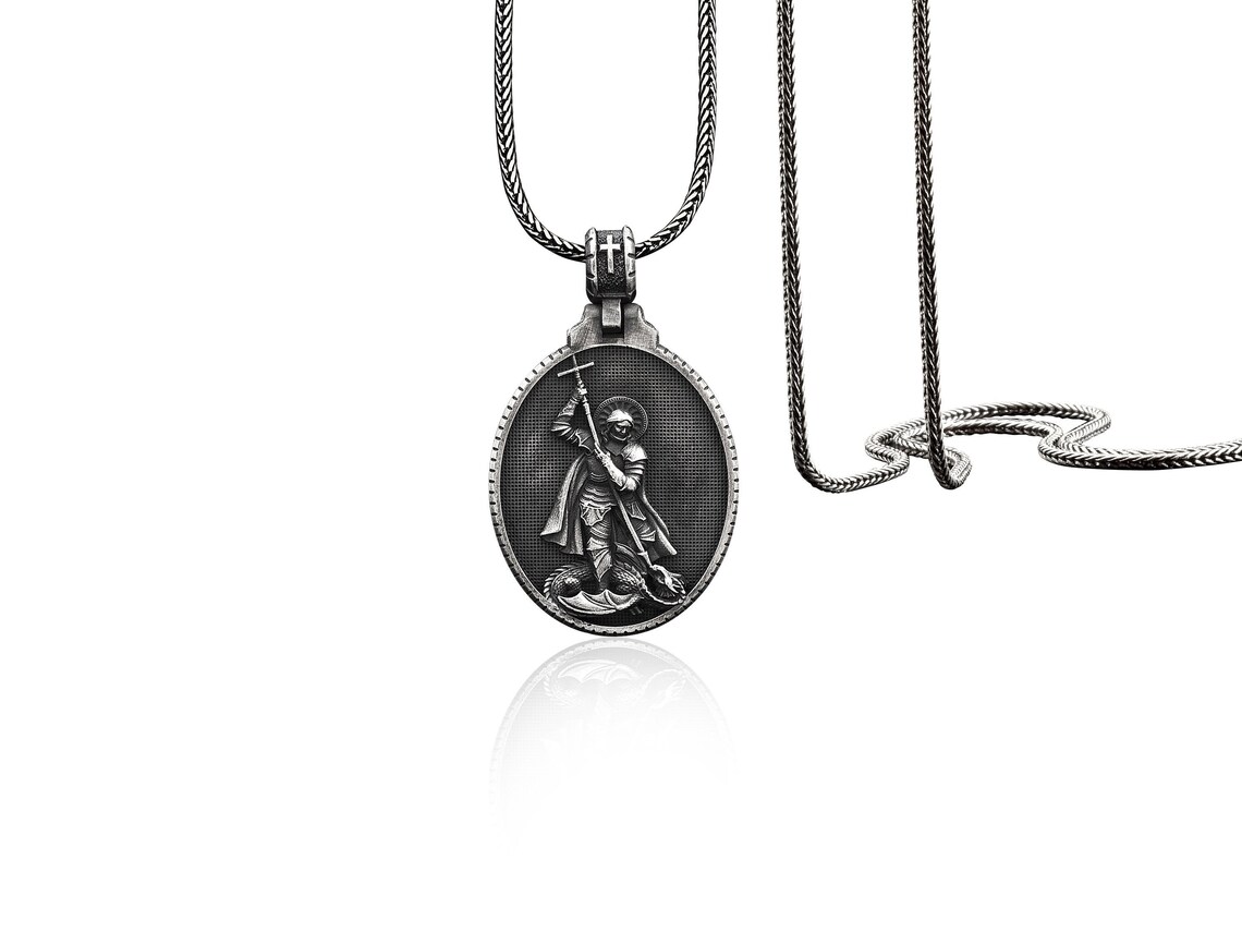 Silver Saint George Mens Necklace Saint George With Dragon | Etsy