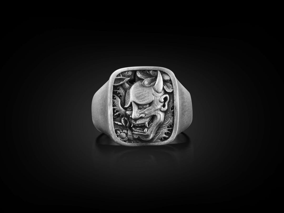 Oni Japanese Art Mens Ring in Silver, Demon Engraved Signet Ring for Men, Hannya Mask Devil Ring ...