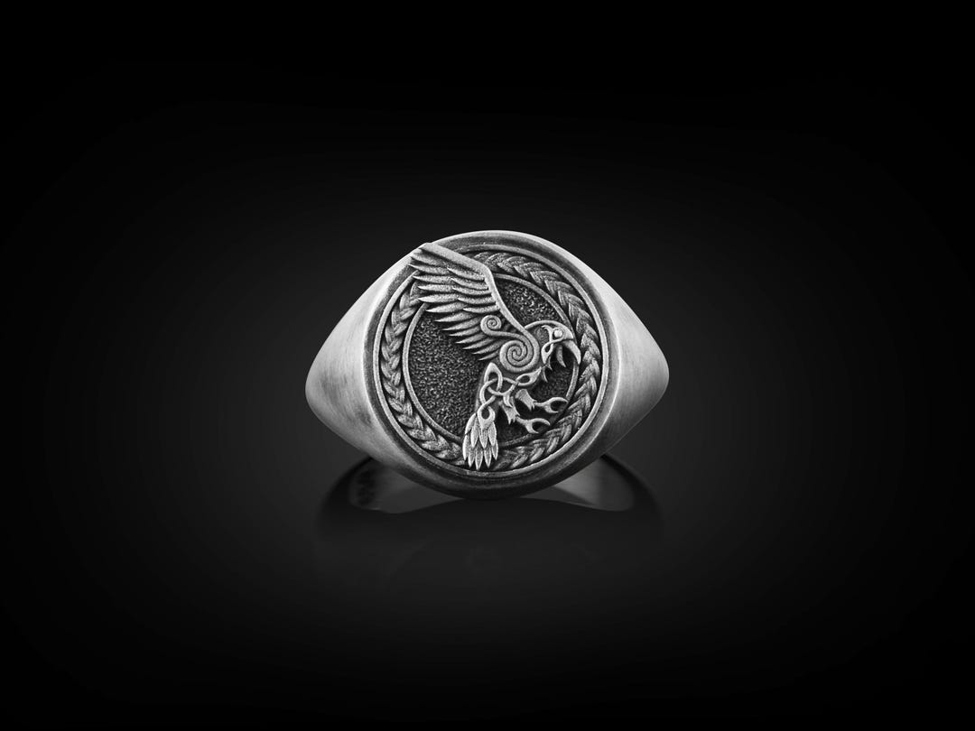 Viking Raven Bird of Prophecy Ring, Engraved Pinky Signet Ring in ...