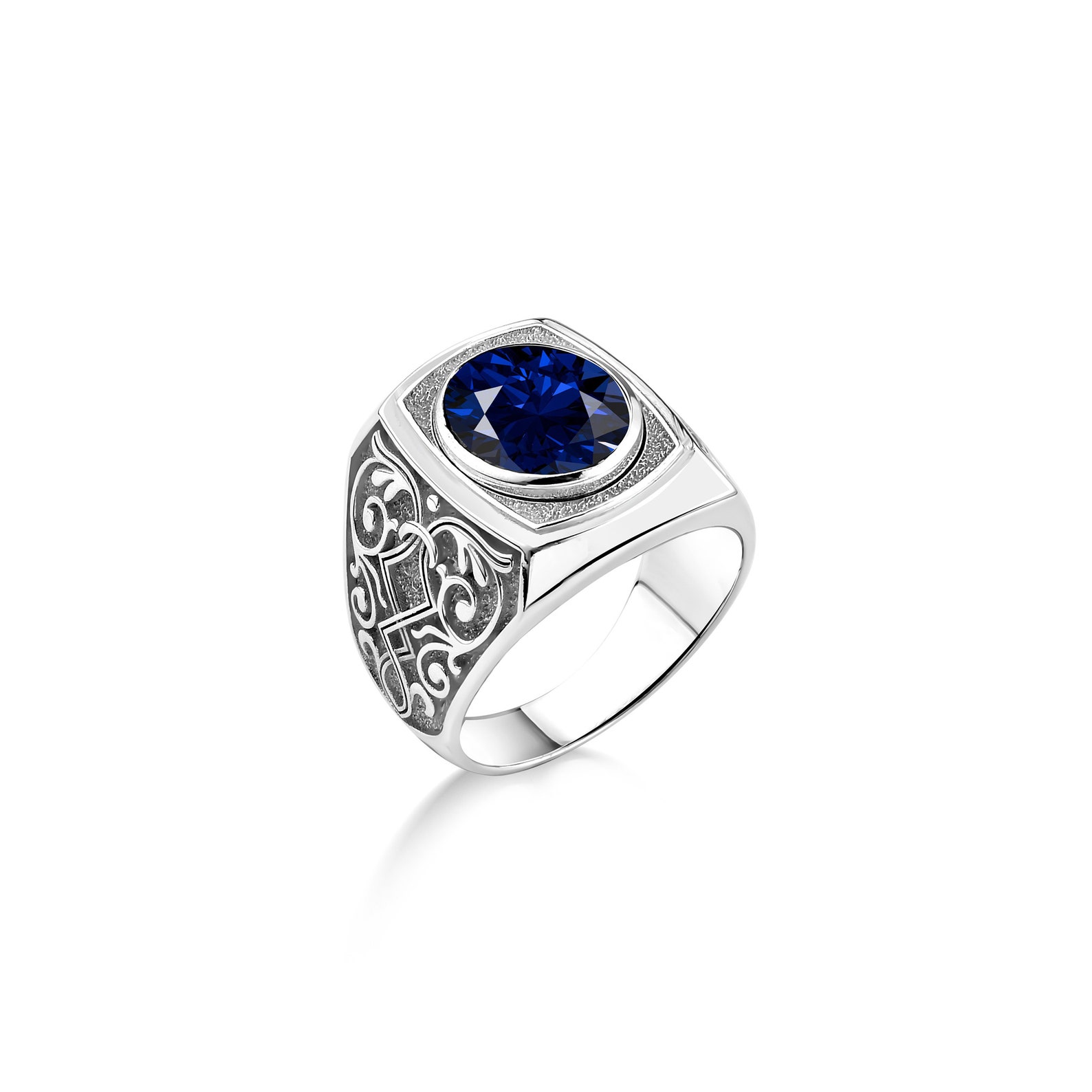 Sapphire Stone Big Signet Ring for Men in Silver, Victorian Symbol Blue ...