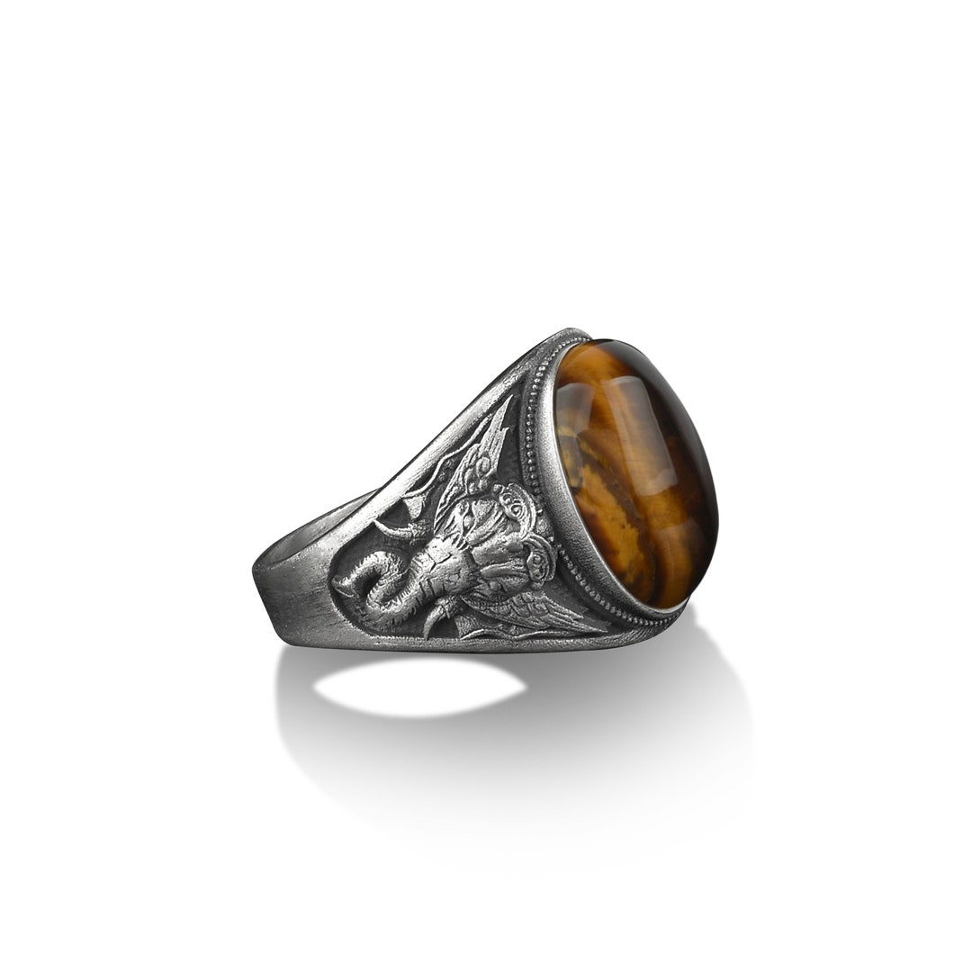 Elephant Namaste Signet Silver Men Ring With Tiger's Eye Gemstone ...