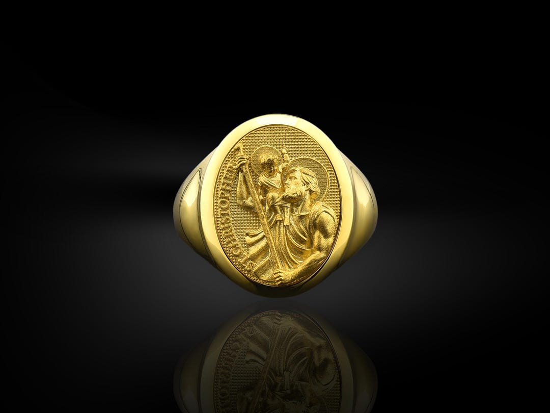 14K Gold Saint Christopher Signet Man Ring, Catholic St Christopher 10k ...