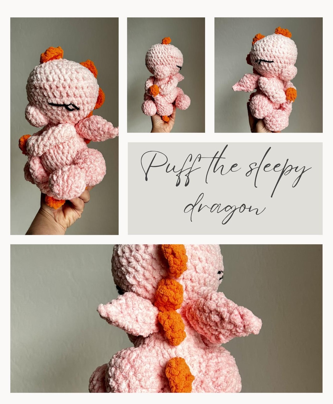 Puff the Sleepy Dragon Crochet Plushie, Cuddly Dragon Stuffy, Cute ...