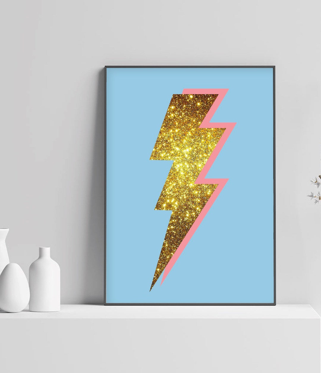 Lightening Bolt in Gold Glitter, Pastel, Pretty Colours, Trendy Art ...