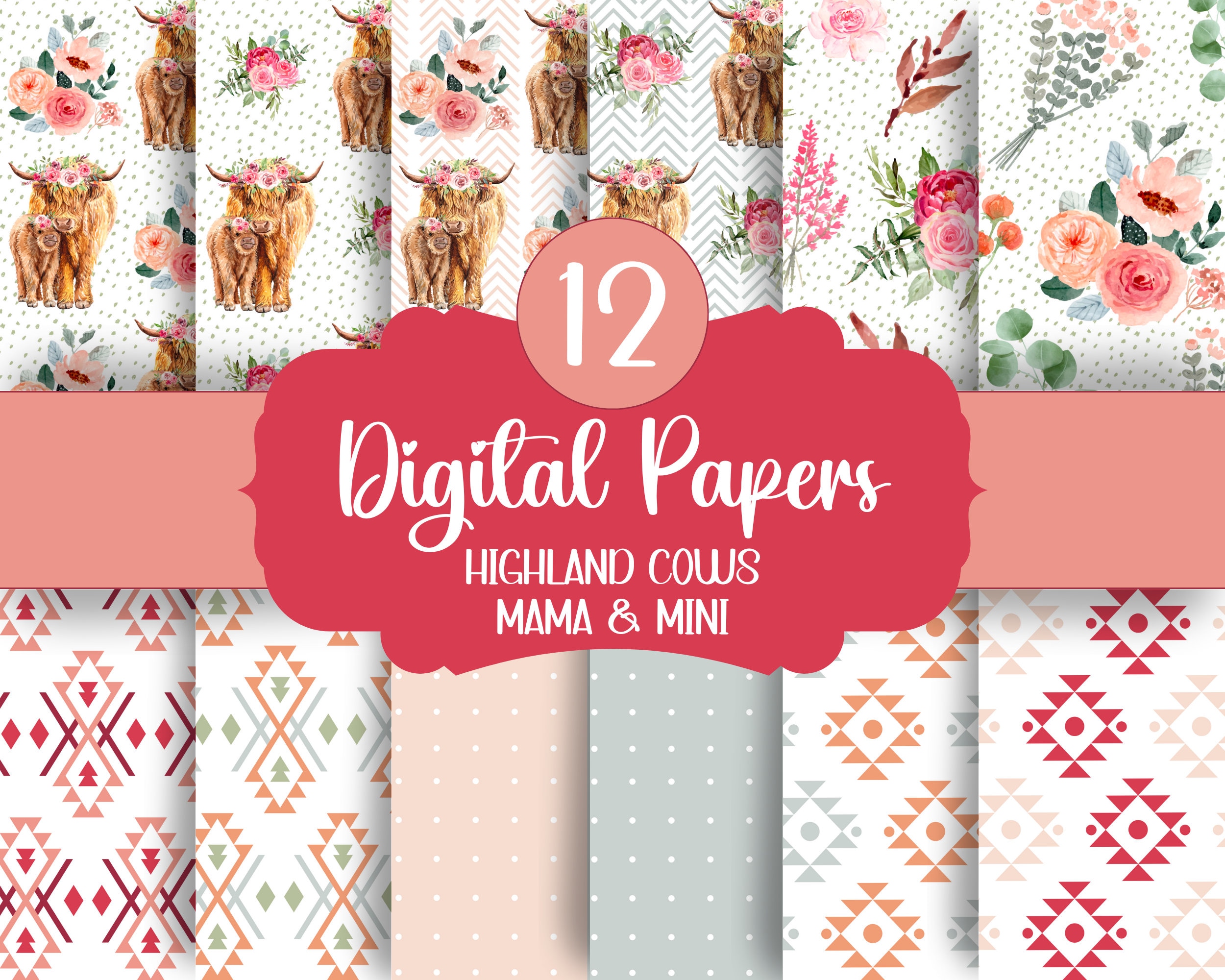 Highland Cow Digital Paper Bundle Mama and Mini Pngs Floral Seamless ...