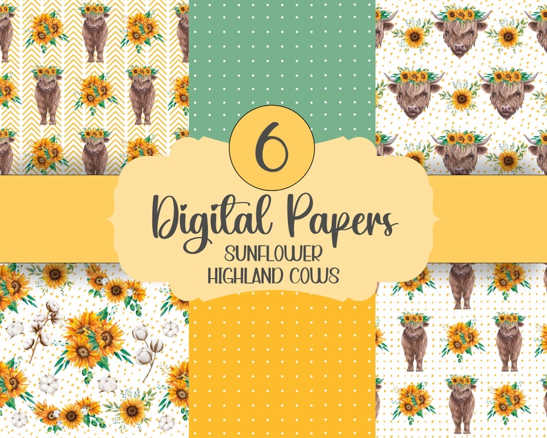 Highland Cow Digital Paper Bundle | Sunflower Highland Pngs | Floral ...