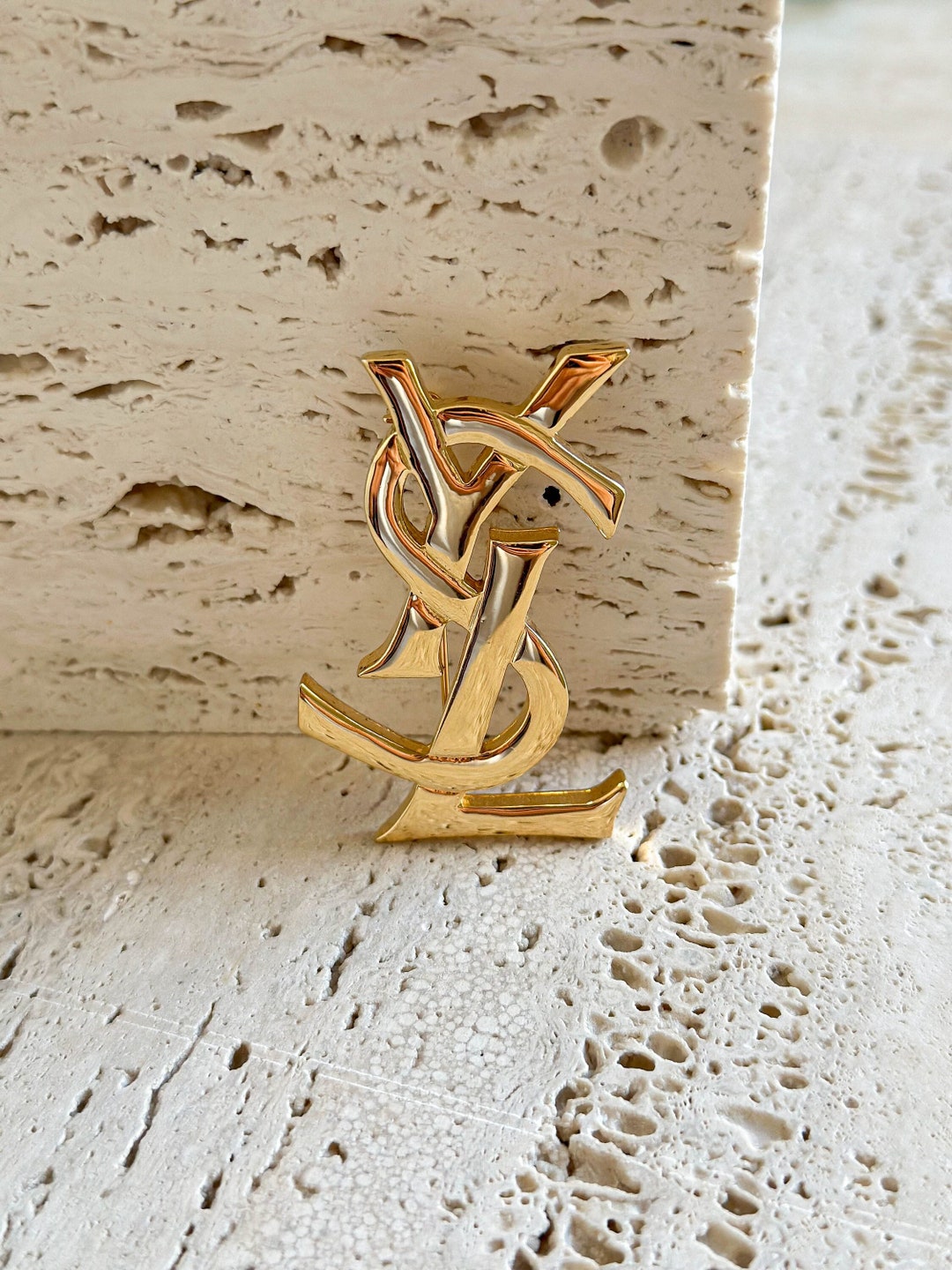 YSL Vintage Logo Pin Yves Saint Laurent Brooch Gold - Etsy