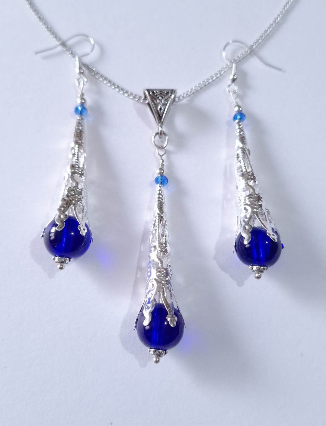 Victorian Silver Blue Jewelry Set Cobalt Blue Set Necklace Earrings ...