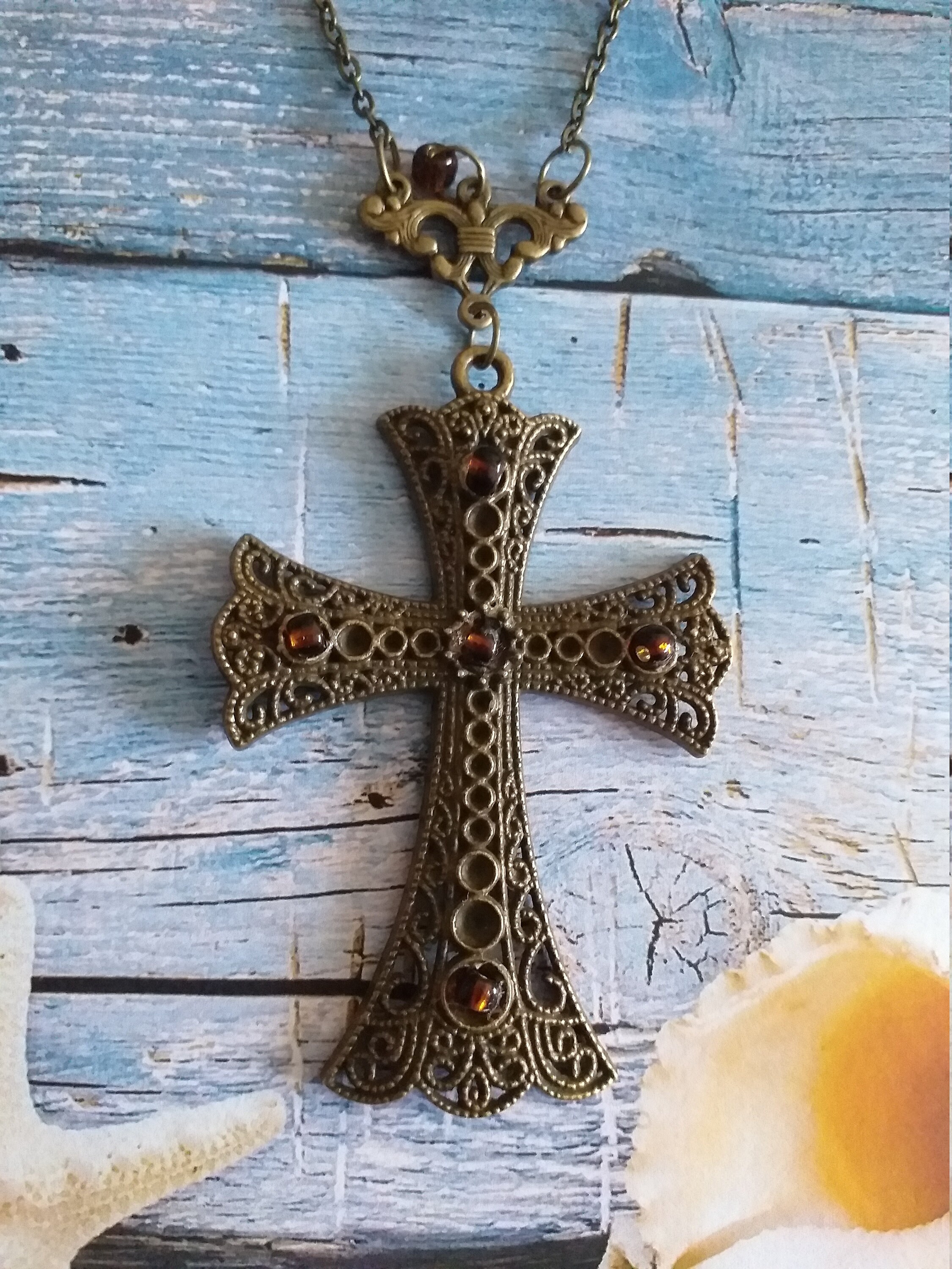 Cross Necklace Bronze Victorian Filigree Cross Boho Necklace Bohemian ...