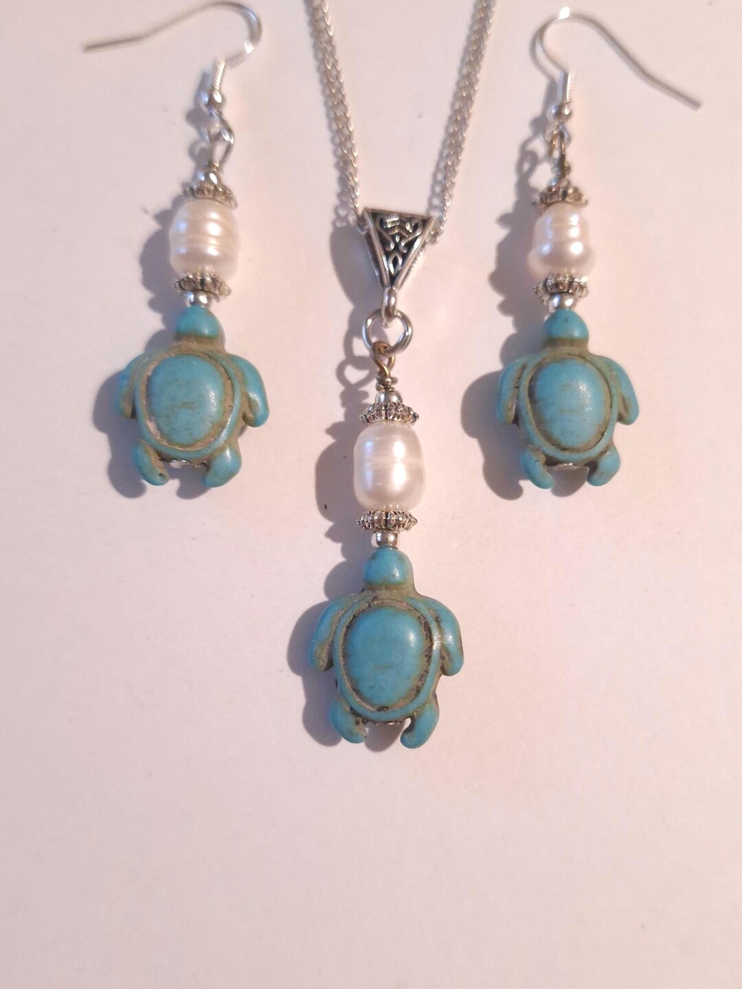 Pearl Turquoise Turtle Silver Jewelry Set Necklace Earrings Boho Set ...