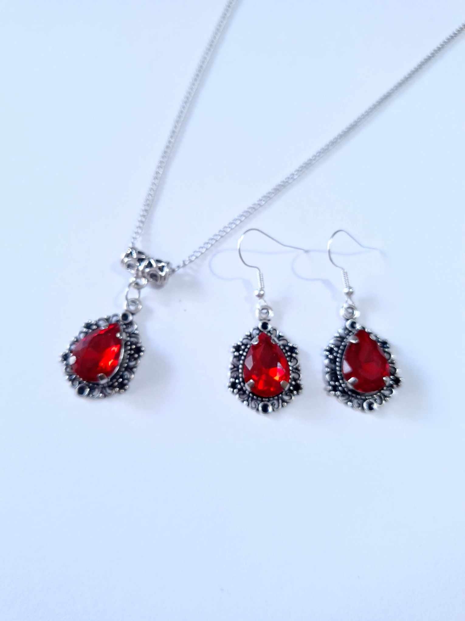 Victorian Ruby Red Silver Jewelry Set Ruby Red Set Necklace Earrings ...