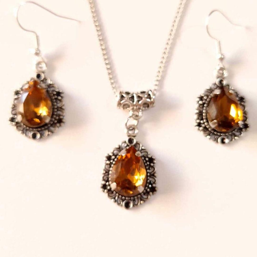 Victorian Brown Silver Jewelry Set Cognac Brown Set Necklace Earrings ...