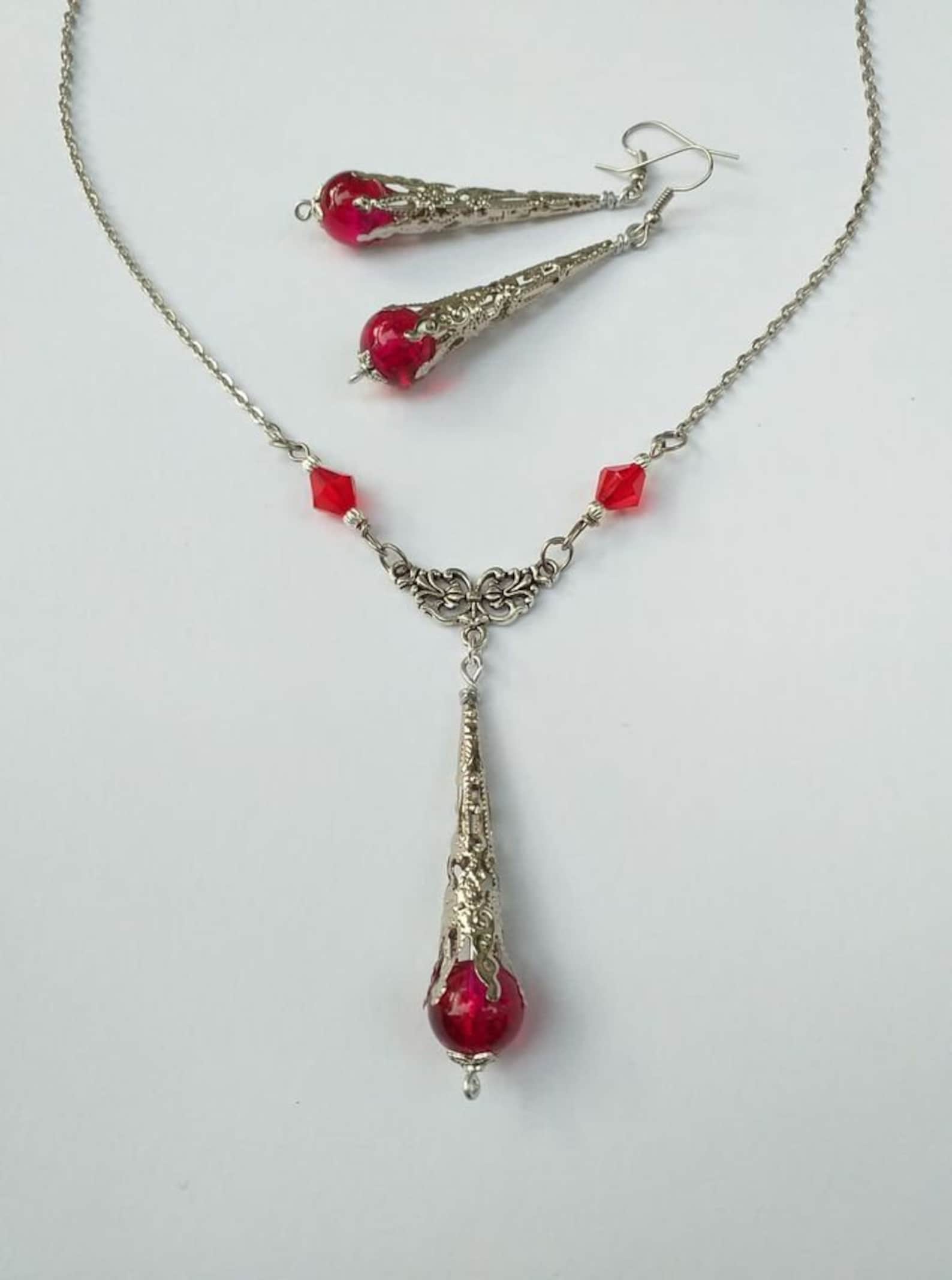 Victorian Red Silver Jewelry Set Ruby Red Set Necklace Earrings Baroque ...