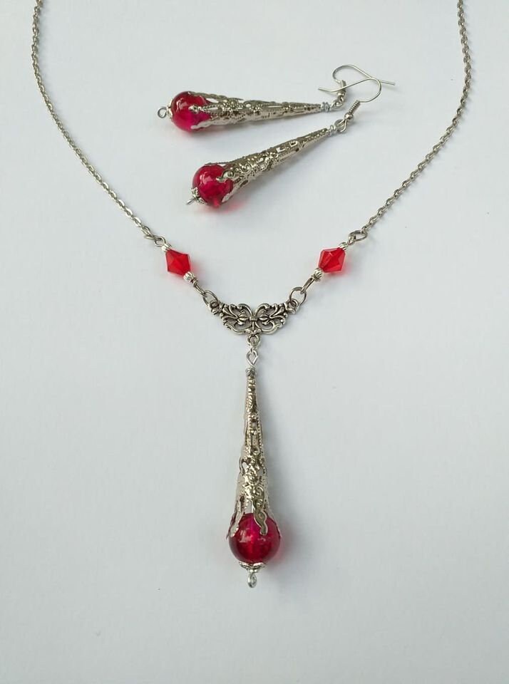 Victorian Red Silver Jewelry Set Ruby Red Set Necklace - Etsy