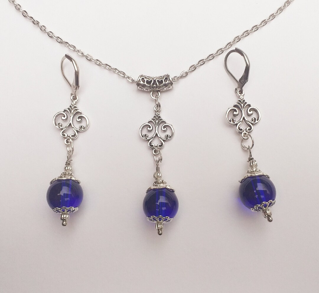 Victorian Silver Cobalt Blue Jewelry Set Blue Set Necklace - Etsy