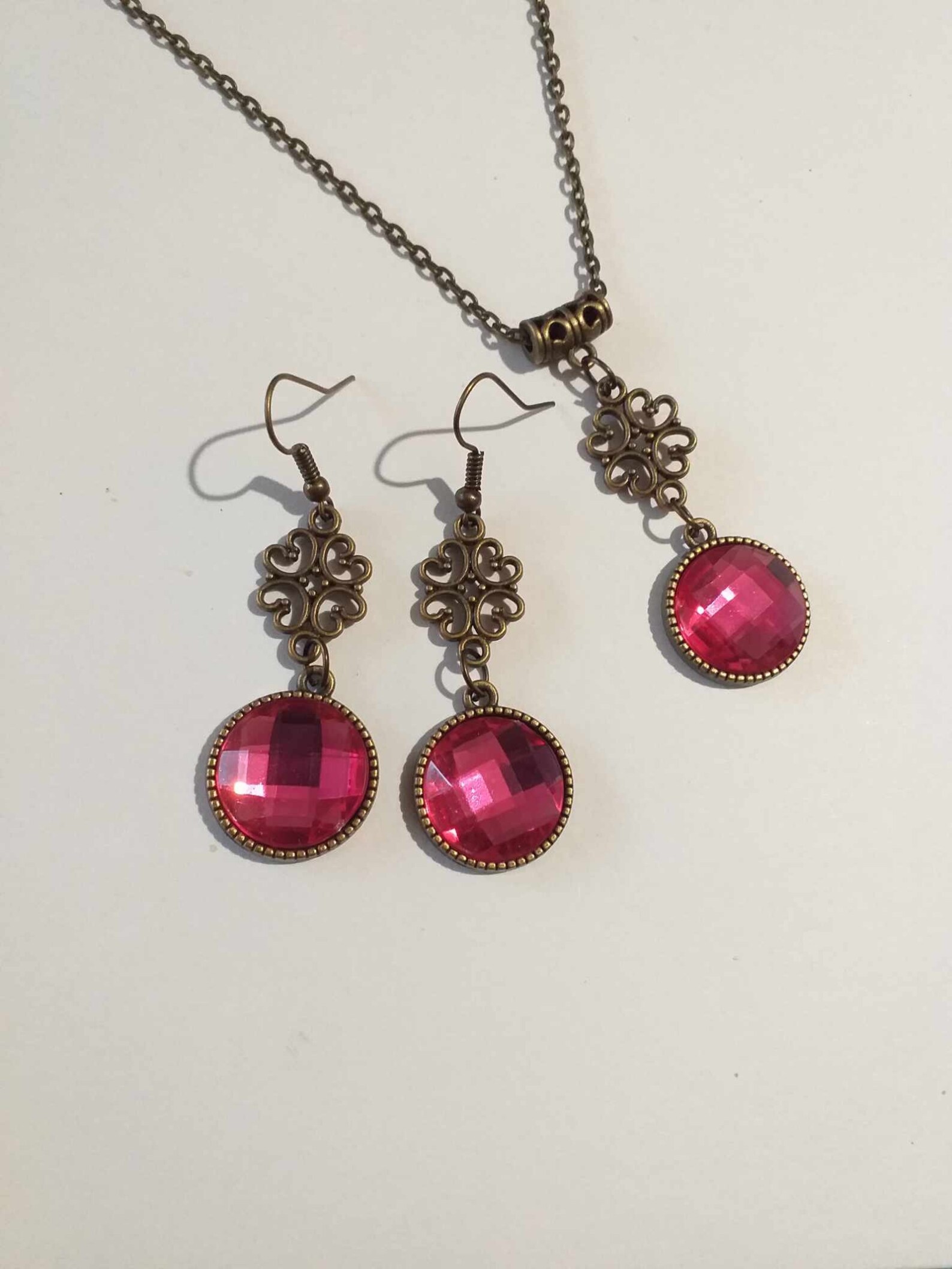 Fuchsia Pink Bronze Jewelry Set Victorian Magenta Pink Set Necklace ...