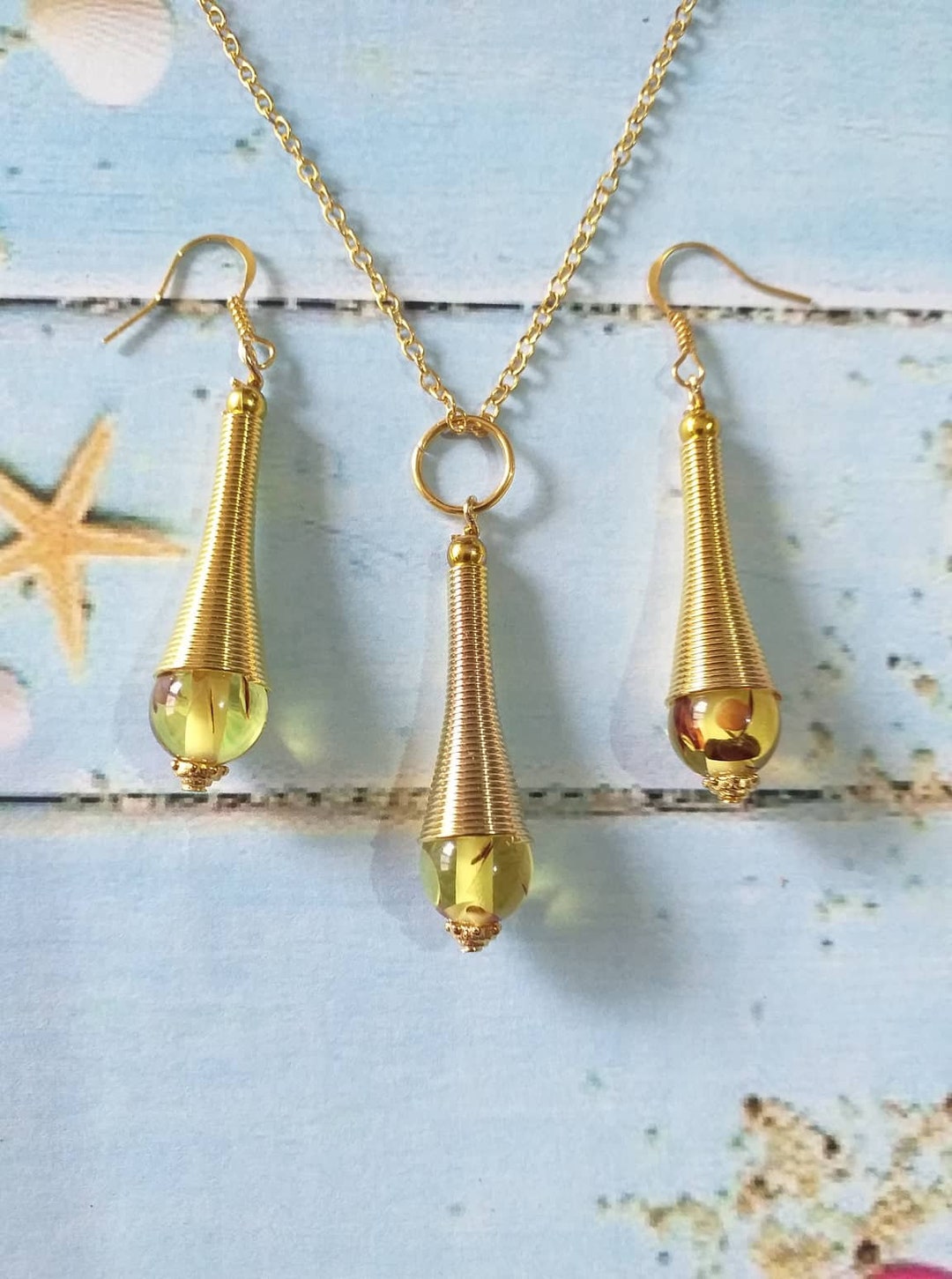 Amber Gold Jewelry Set Yellow Green Amber Victorian Set Necklace ...