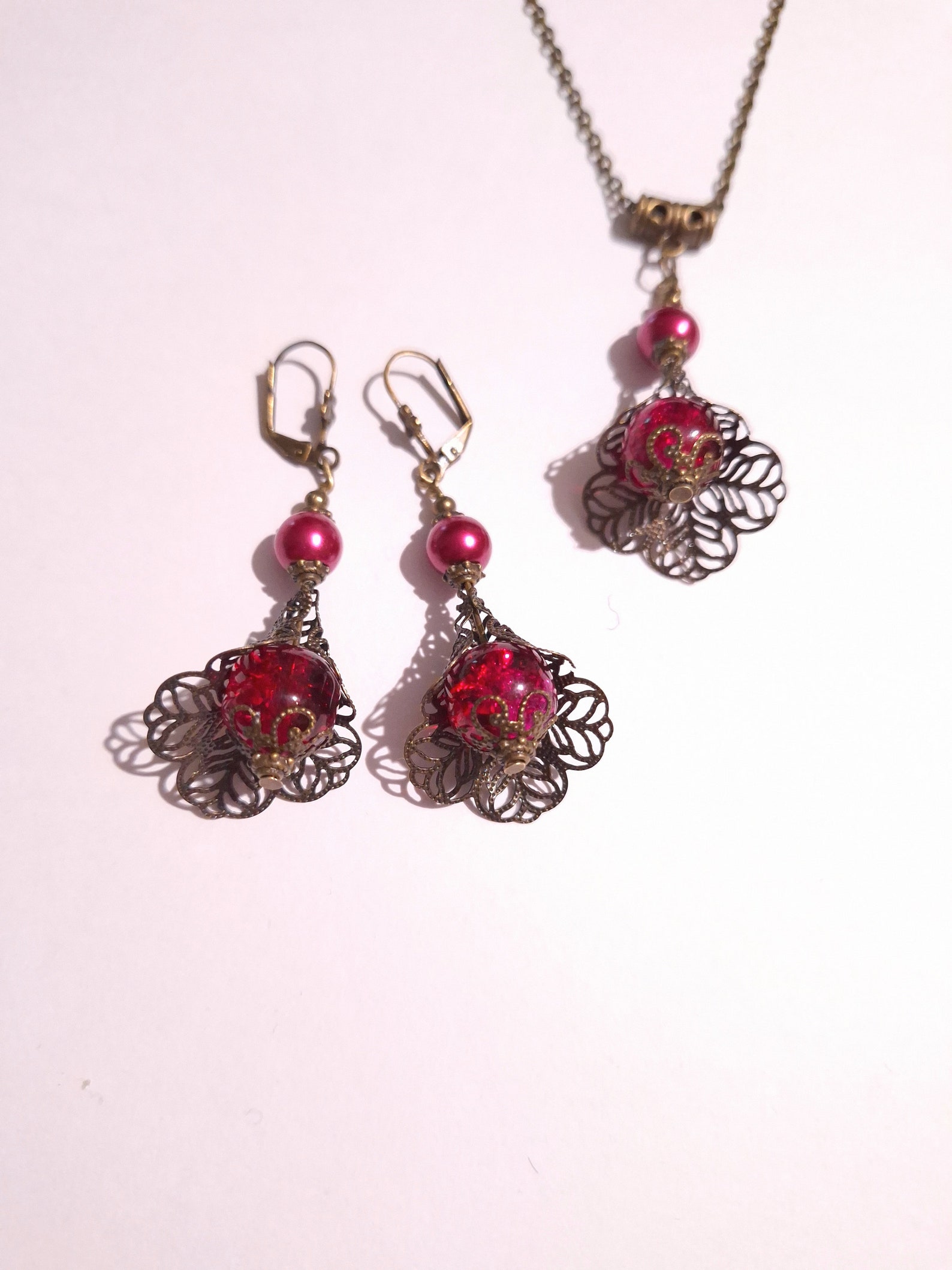 Victorian Ruby Red Bronze Jewelry Set Boho Jewelry Set Earrings ...