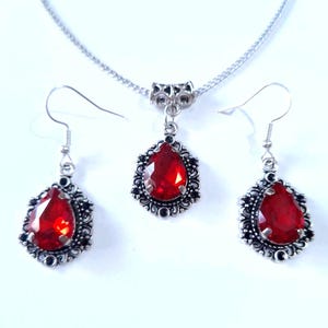 Victorian Ruby Red Silver Jewelry Set Ruby Red Set Necklace Earrings ...