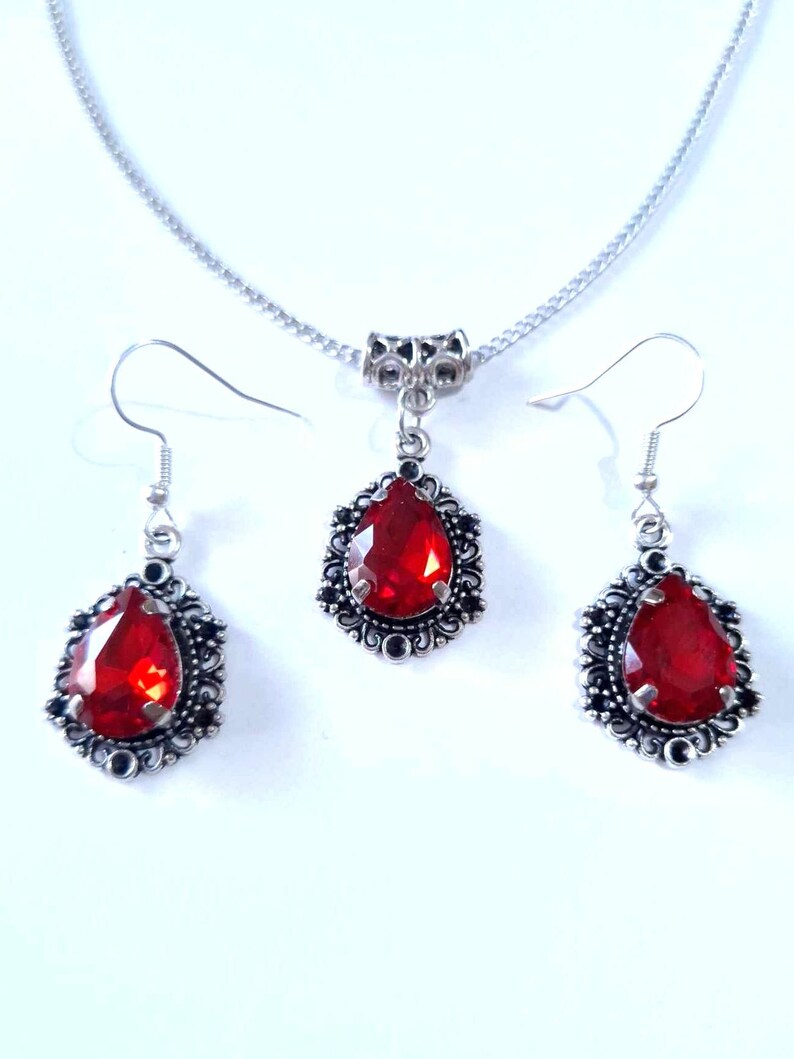 Victorian Ruby Red Silver Jewelry Set Ruby Red Set Necklace Earrings ...