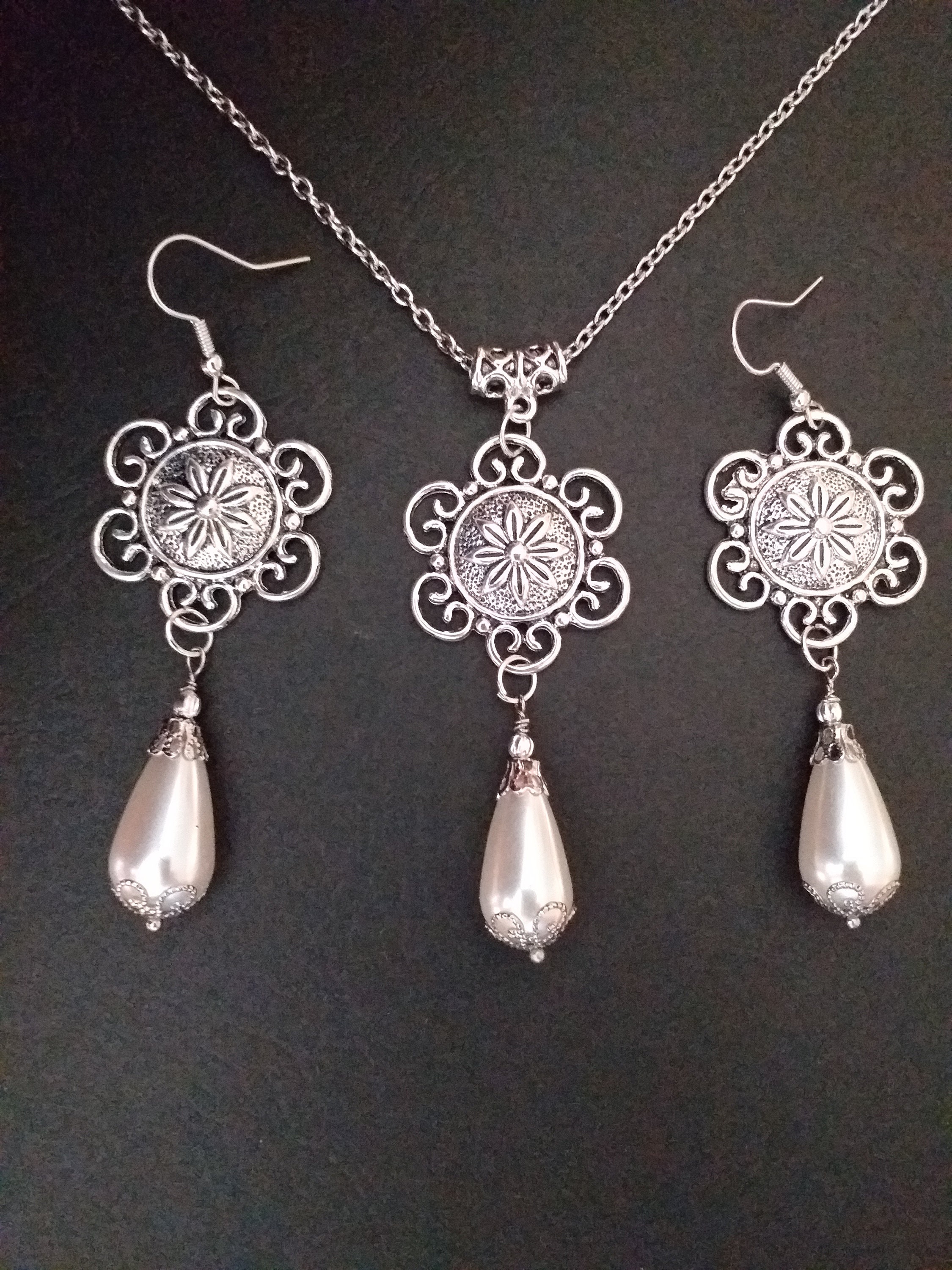 Victorian Silver Wedding Pearl Set Silver Jewelry Set Necklace Earrings ...