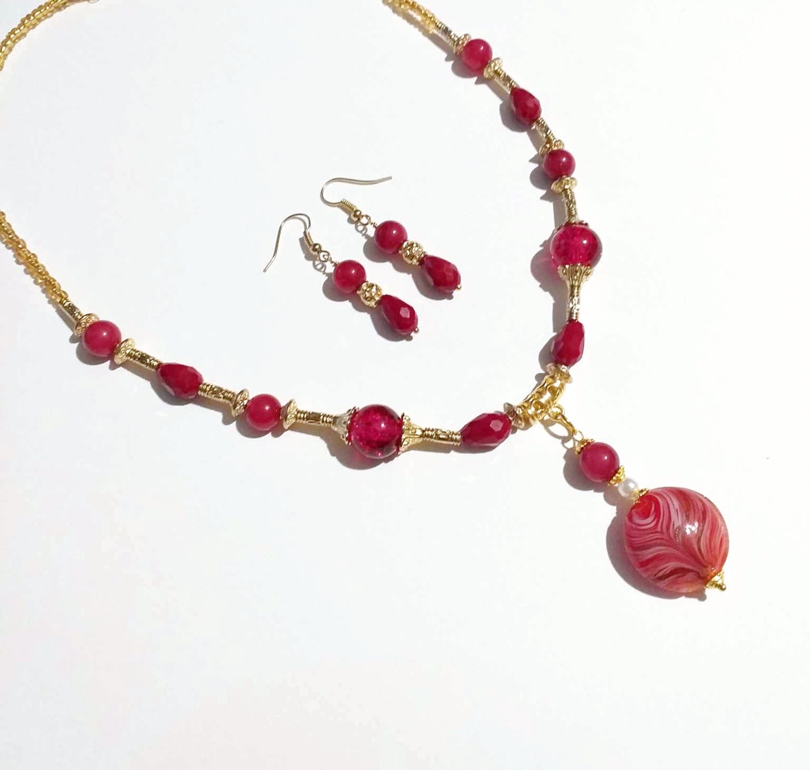 Ruby Gold Crystal Jewelry Set Murano Set Ruby Set July - Etsy