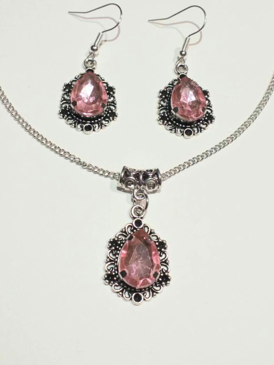 Victorian Pink Silver Jewelry Set Rose Pink Set Necklace Earrings ...
