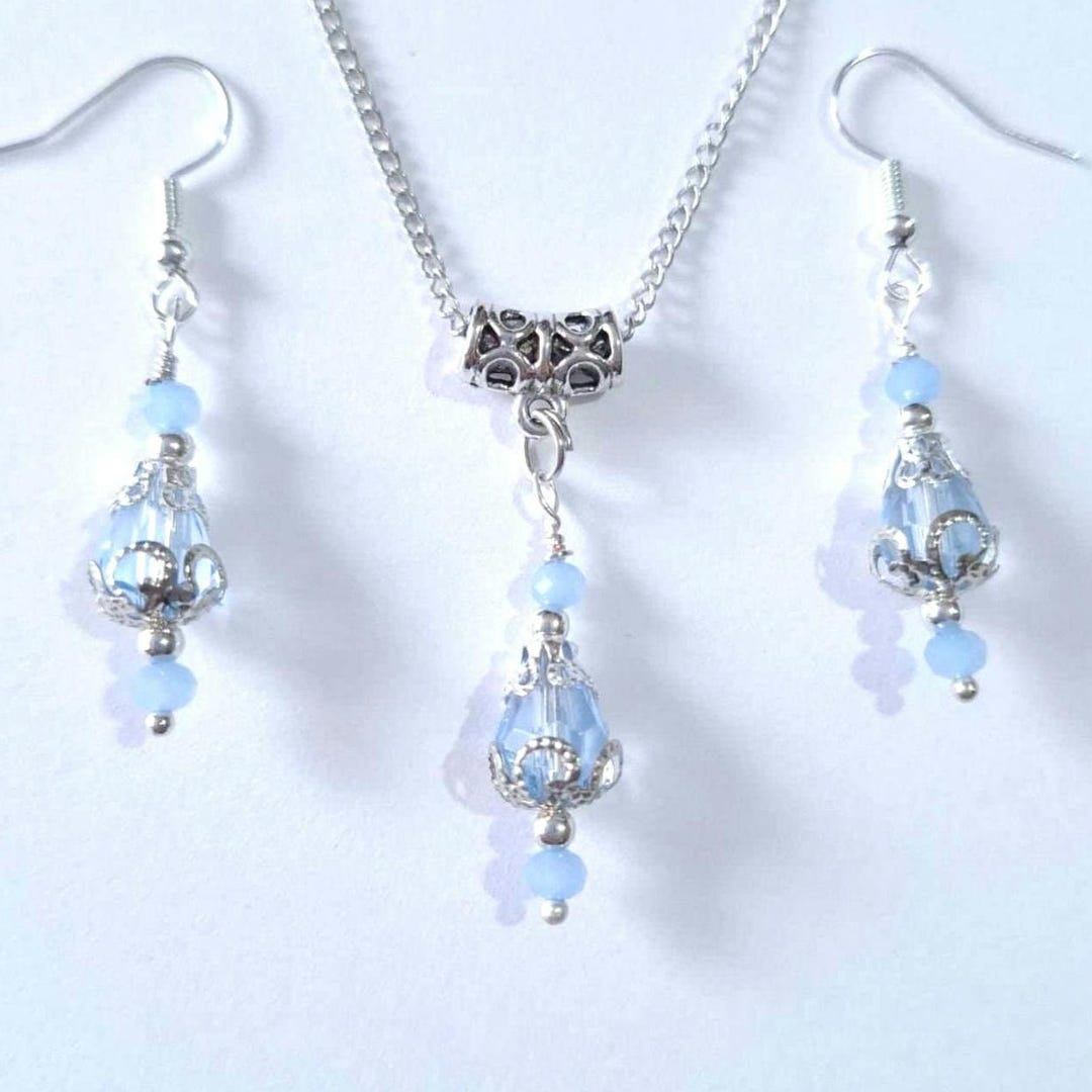 Victorian Silver Aqua Blue Jewelry Set Light Blue Set Necklace Earrings ...