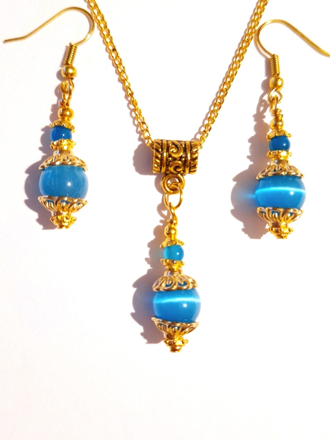 Blue Chrysoberyl Cat Eye Gold Jewelry Set Victorian Set Necklace ...