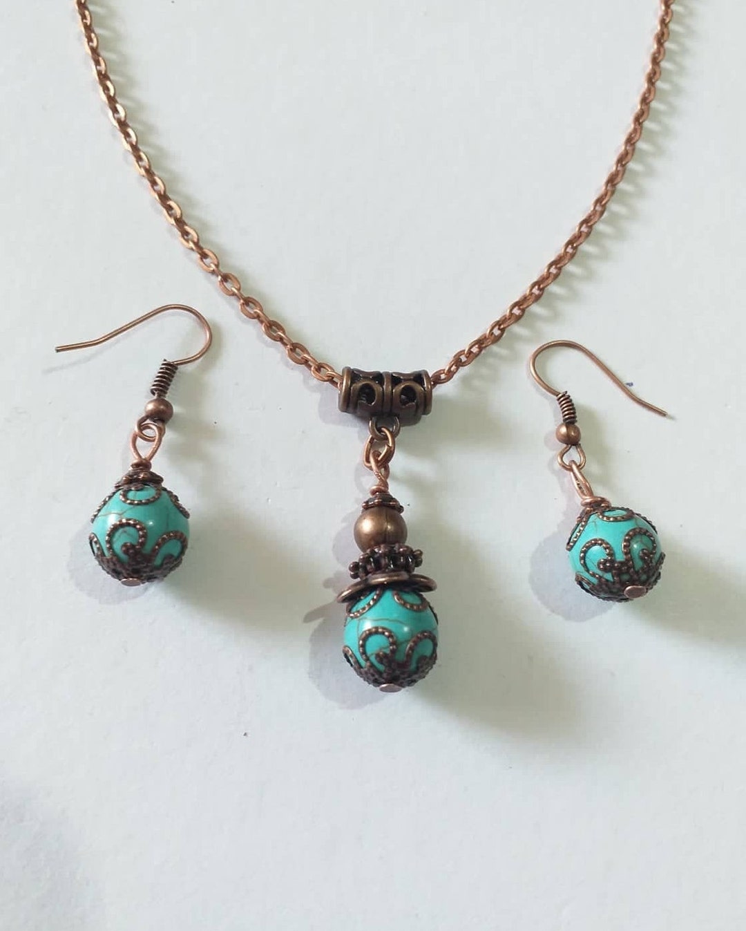 Copper Turquoise Jewelry Set Victorian Copper Set Earrings Necklace ...
