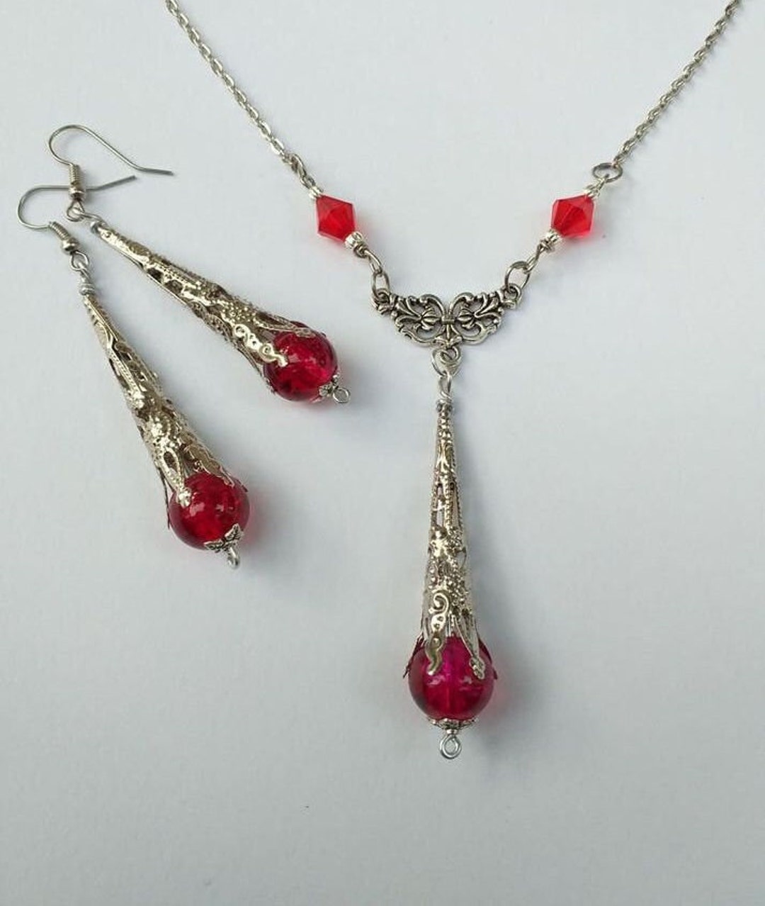 Victorian Red Silver Jewelry Set Ruby Red Set Necklace Earrings Baroque ...