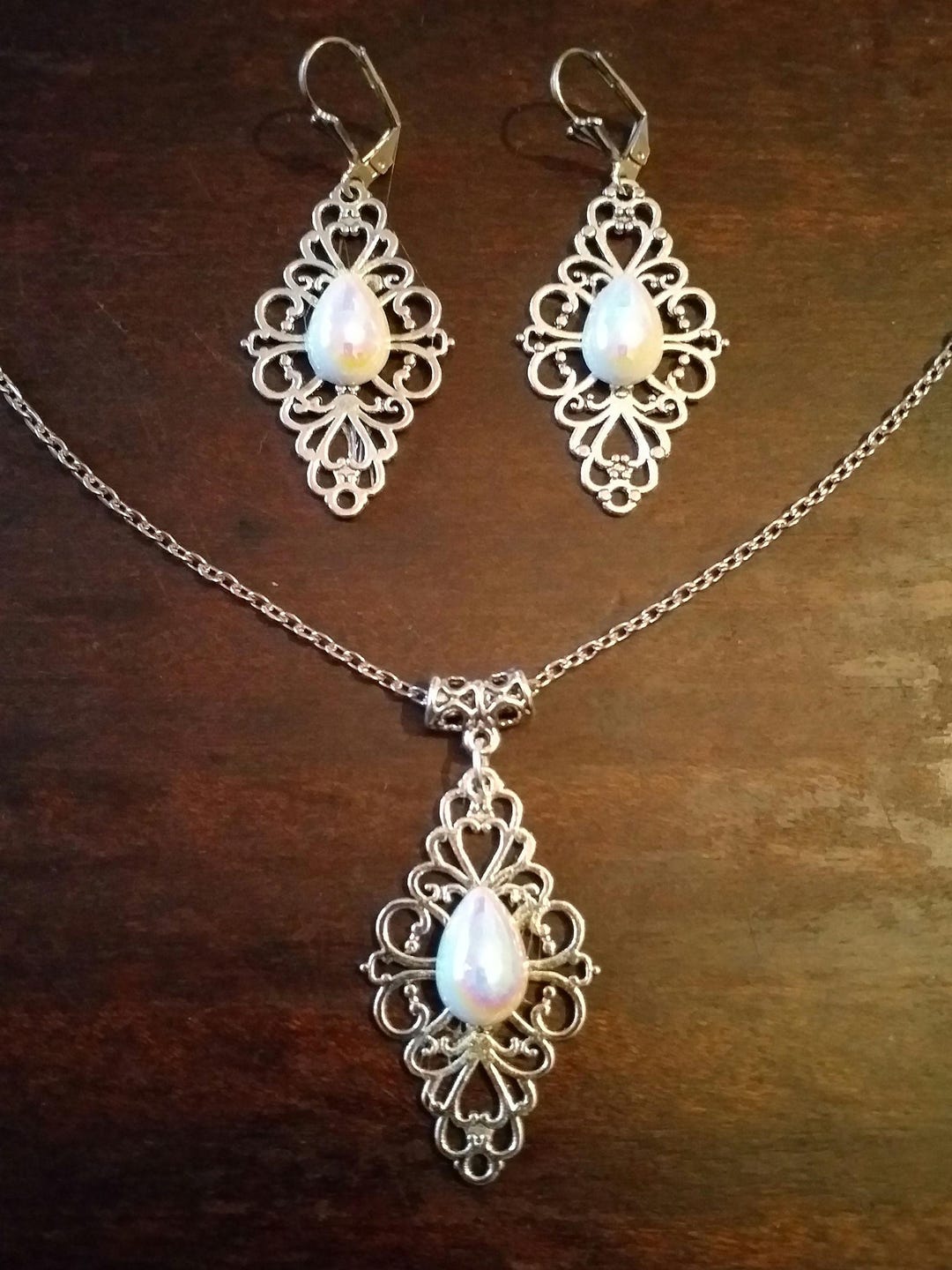 Victorian Pearl Silver Jewelry Set Silver Set Necklace Earrings Wedding ...